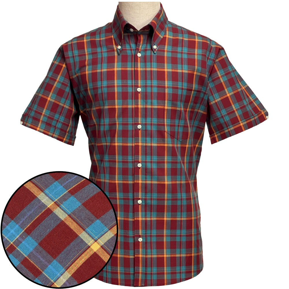 Adaptor Clothing Check Short Sleeve Button Down Shirt Wine